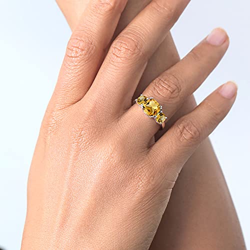 Gem Stone King 925 Sterling Silver Yellow Citrine 3 Stone Engagement Ring For Women (3.90 Cttw, Gemstone November Birthstone, Cushion 8MM, Size 7)