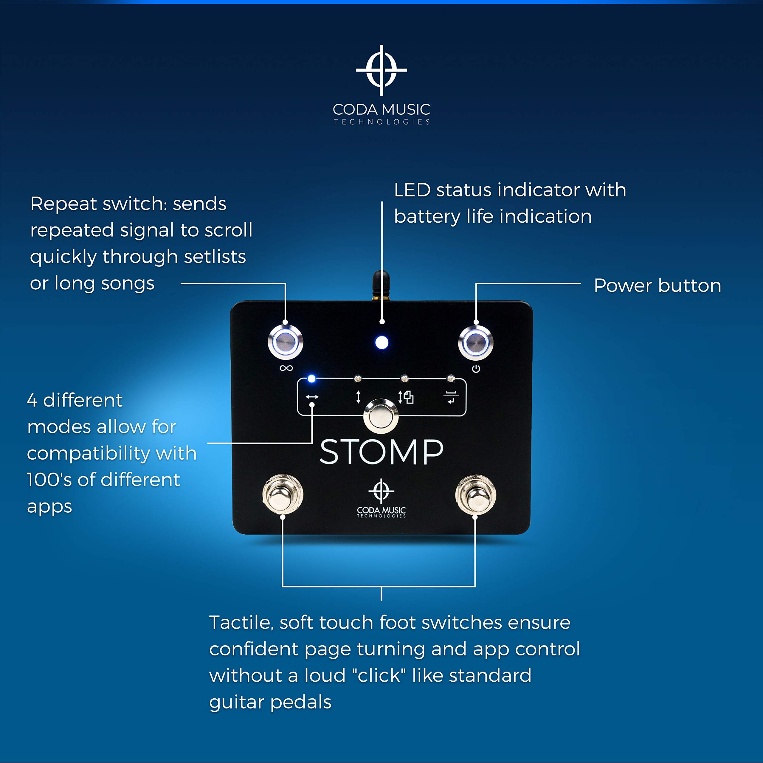 STOMP Bluetooth Page Turner Pedal for Tablets - Hands-Free Footswitch Pedal & App Controller - Compatible with IOS, Kindle Fire, iPhone, iPad, Mac and Android - Made in USA by Coda Music Tech (Black)