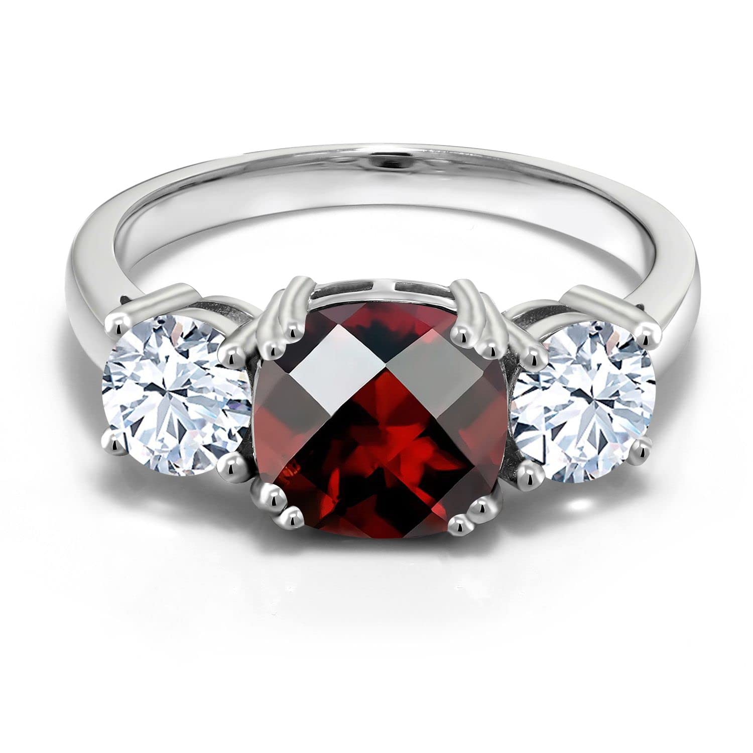 Gem Stone King 925 Sterling Silver Red Garnet and White Zirconia 3 Stone Engagement Ring For Women (3.90 Cttw, Gemstone January Birthstone, Cushion Checkerboard 8MM, Size 8)