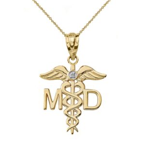 sideways crosses 14k yellow gold solitaire diamond caduceus md charm medical doctor necklace, 22"