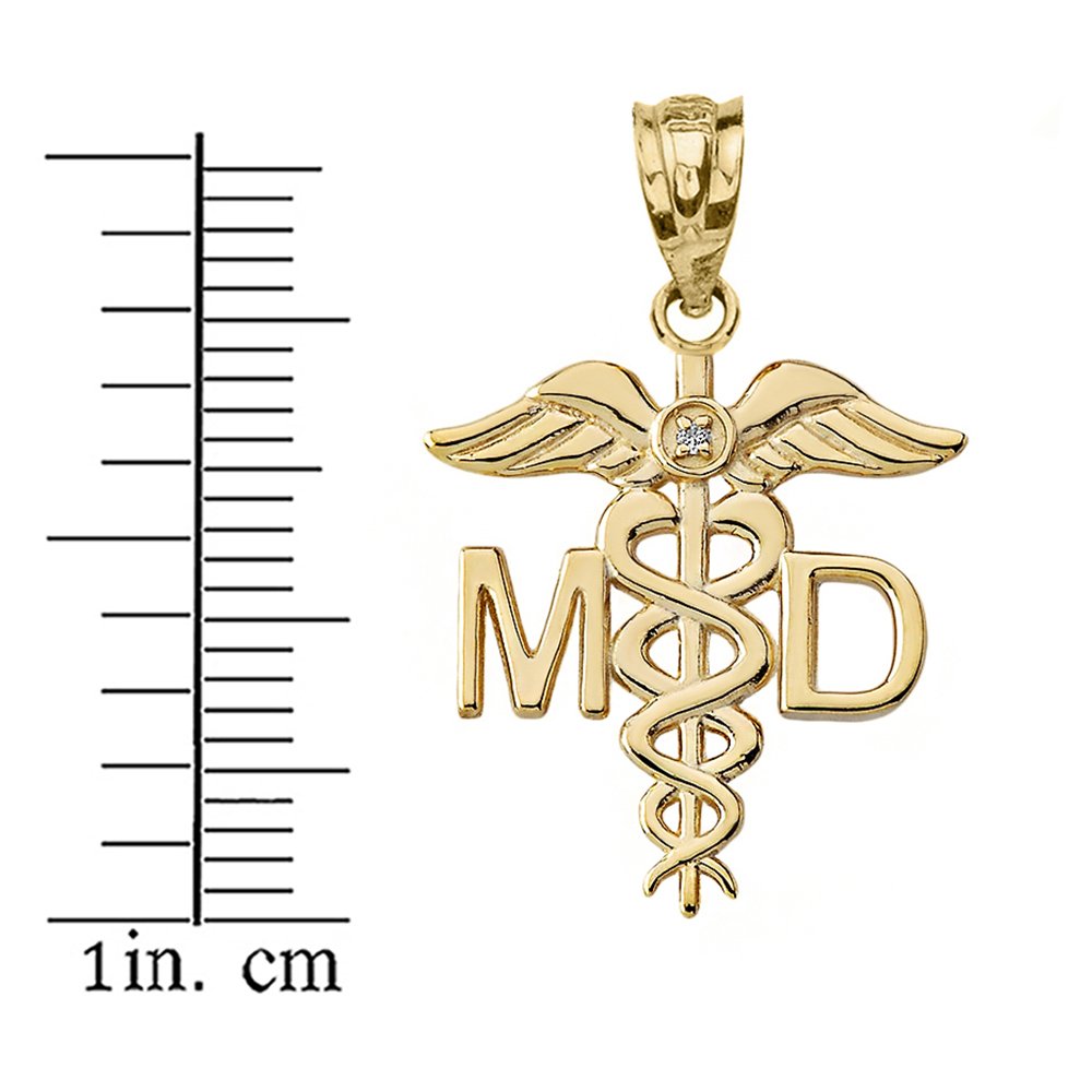 Sideways Crosses 14k Yellow Gold Solitaire Diamond Caduceus MD Charm Medical Doctor Necklace, 22"