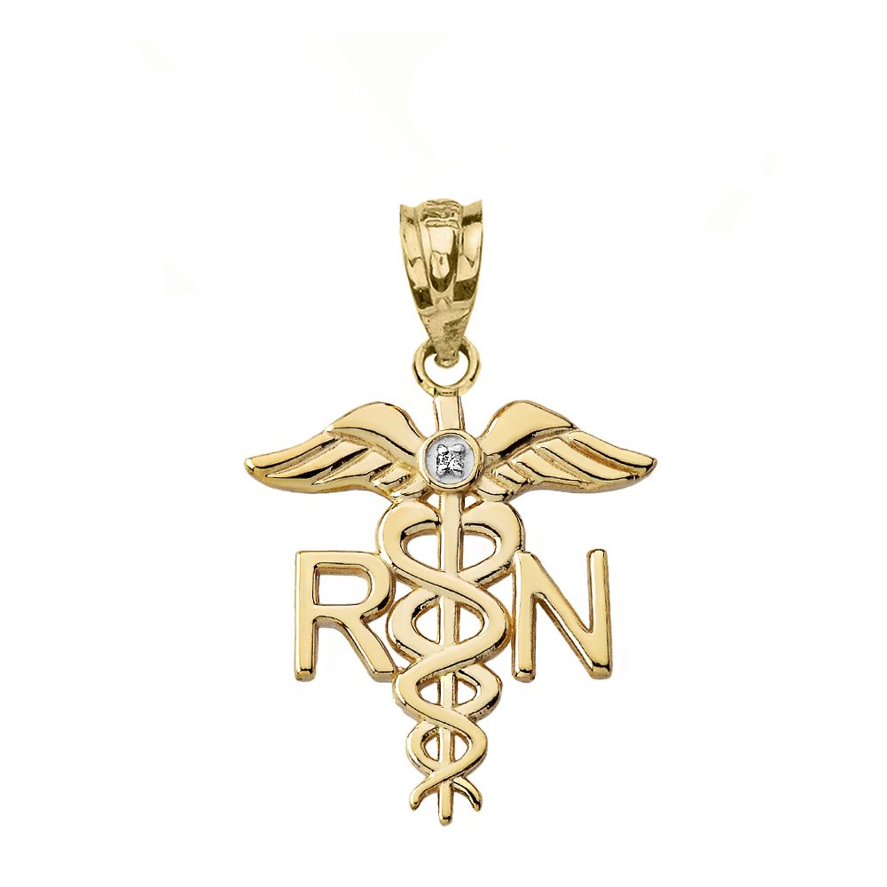 10k Yellow Gold Solitaire Diamond Caduceus RN Charm Registered Nurse Pendant