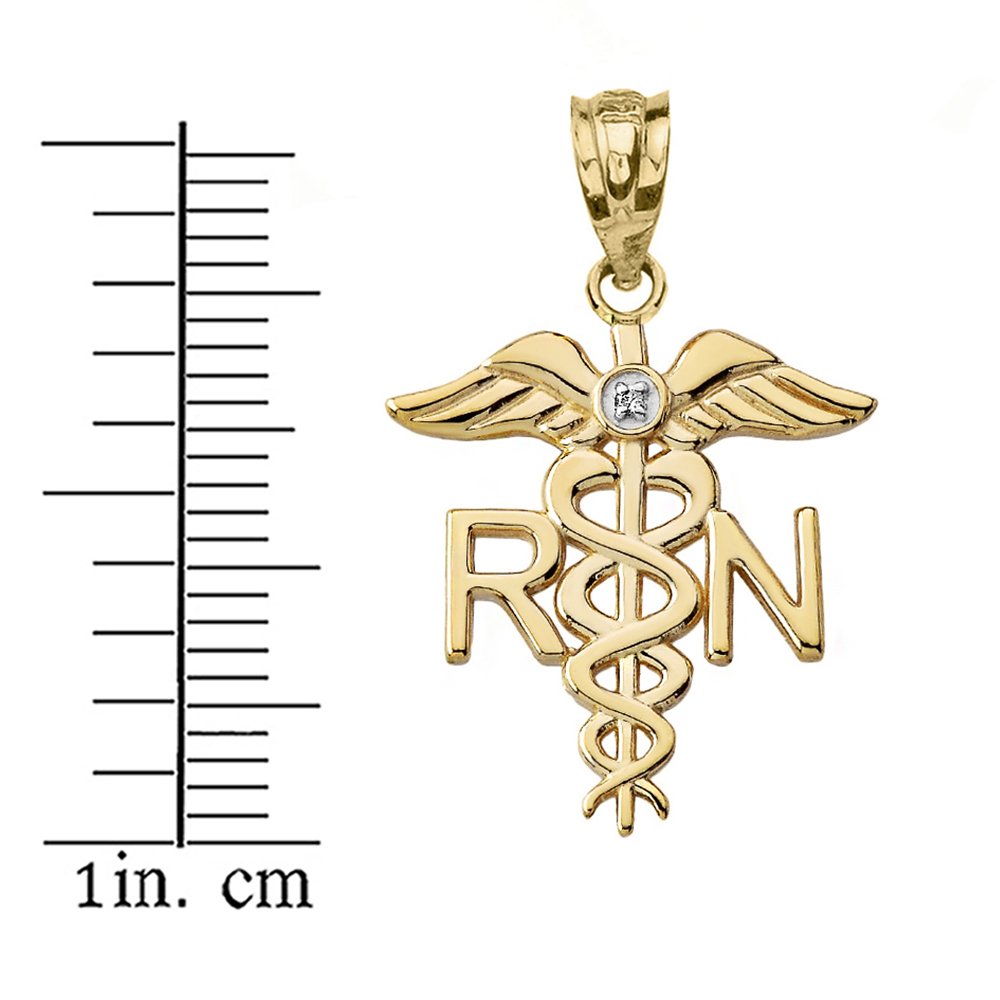 10k Yellow Gold Solitaire Diamond Caduceus RN Charm Registered Nurse Pendant