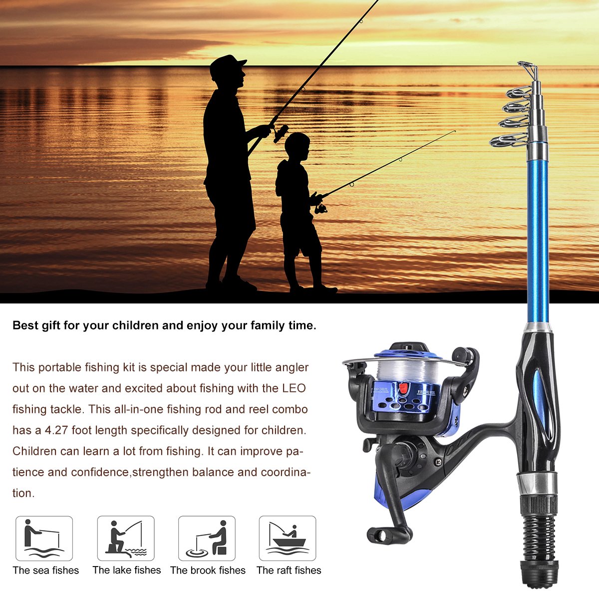 Leo Light Weight Kids Fishing Pole Telescopic Fishing Rod and Reel Combos with Full Kits Lure Case and Carry Bag for Youth Fishing and Beginner 130CM (Rod and Reel Combos with Full Kits and Carry Bag)