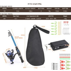 Leo Light Weight Kids Fishing Pole Telescopic Fishing Rod and Reel Combos with Full Kits Lure Case and Carry Bag for Youth Fishing and Beginner 130CM (Rod and Reel Combos with Full Kits and Carry Bag)