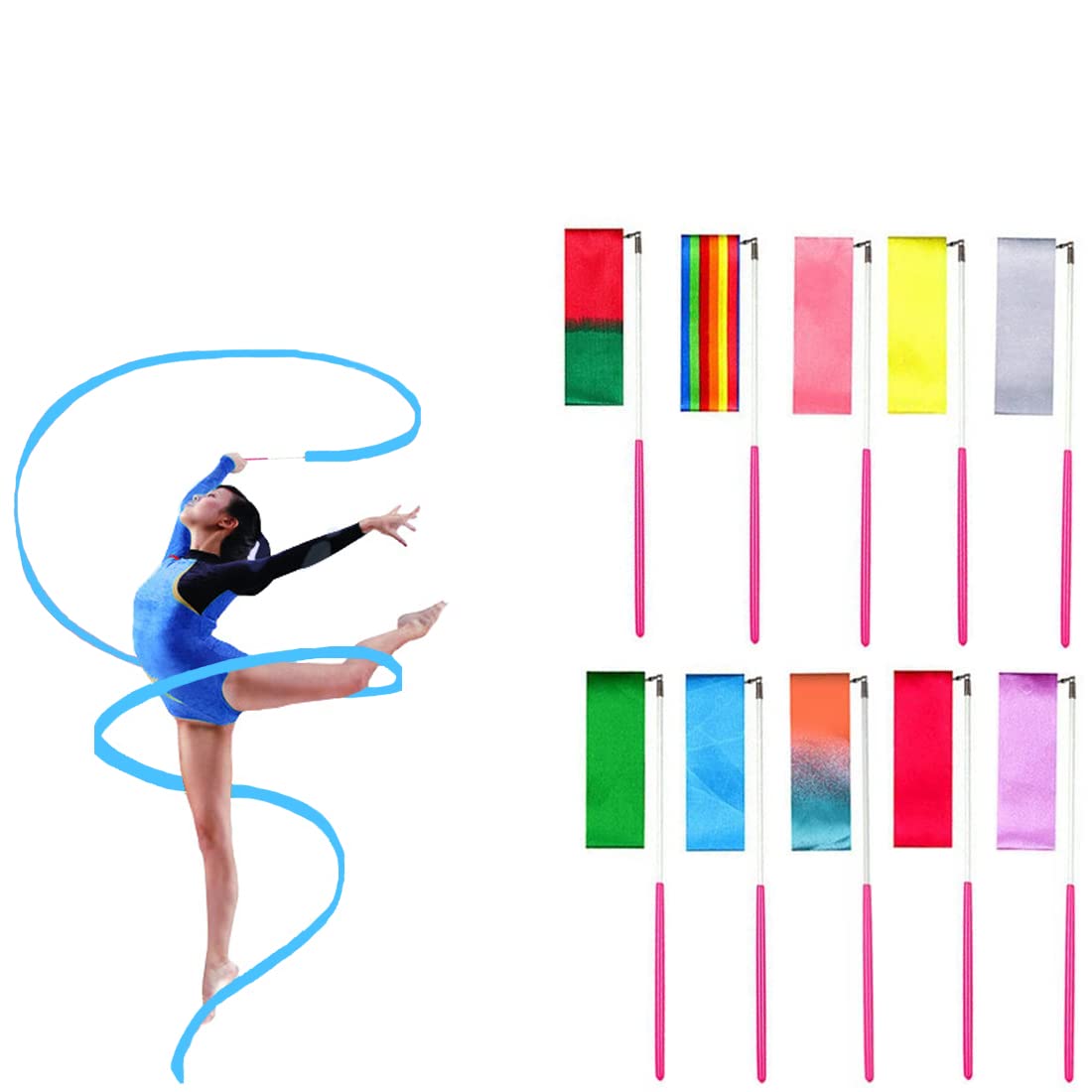 AITIME 10 Pieces 2 Meters Rhythmic Gymnastics Dance Ribbons, Girls Dance Rainbow Streamers,CE and EN71 Approved, for Unicorn Mermaid Princess Birthday Dancing Party Favors Bags Kids Classroom Prize