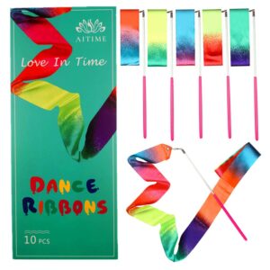 aitime 10 pieces 2 meters gym gymnastics dance ribbons,rainbow dancer ribbons with twirling wands for kids dancing,ce and en71 approved, starry sky colors