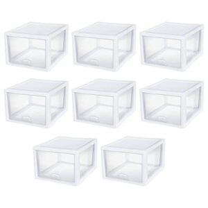 sterilite 27 qt stacking storage drawer, stackable plastic bin drawer to organize shoes and clothes in home closet, white with clear drawer, 8-pack