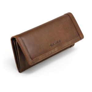 style n craft ladies long clutch wallet with leather frame, full-grain leather wallet for women, wallet with multiple card holders, 2 tone vintage effect, oak (391106)