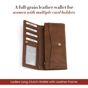 Style n Craft Ladies Long Clutch Wallet with Leather Frame, Full-Grain Leather Wallet for Women, Wallet with Multiple Card Holders, 2 Tone Vintage Effect, Oak (391106)