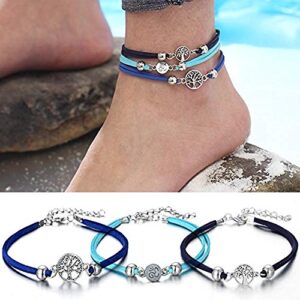 LAIMIO 4 Pcs Anklets Bracelet-Women Anklet Boho Beads Antique Silver Life Tree Anklets Foot Chain Beach Jewelry