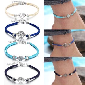 LAIMIO 4 Pcs Anklets Bracelet-Women Anklet Boho Beads Antique Silver Life Tree Anklets Foot Chain Beach Jewelry