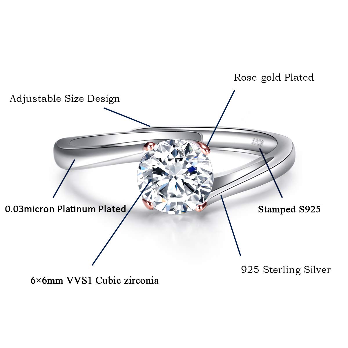 JIANGXIN Adjustable Size 925 Sterling Silver Halo Solitaire Twisted Bypass Engagement Ring for Women