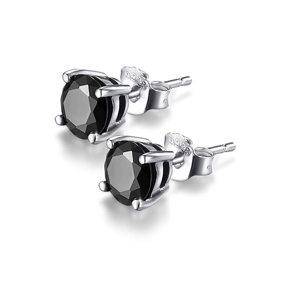 Solitaire Round Black Onyx 925 Sterling Silver Stud Earrings Platinum Plated Fine Jewelry for Women Men 5mm