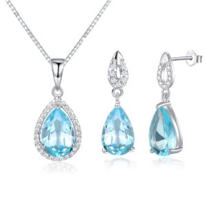 jiangxin sky blue aquamarine gemstone 925 sterling silver white gold plated fine jewelry set for women pendant necklace stud earring