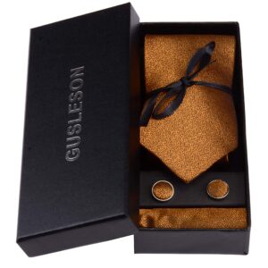 GUSLESON Mens Gold Solid Tie with Pocket Square Cufflinks set Woven Silk Necktie (0756-11)