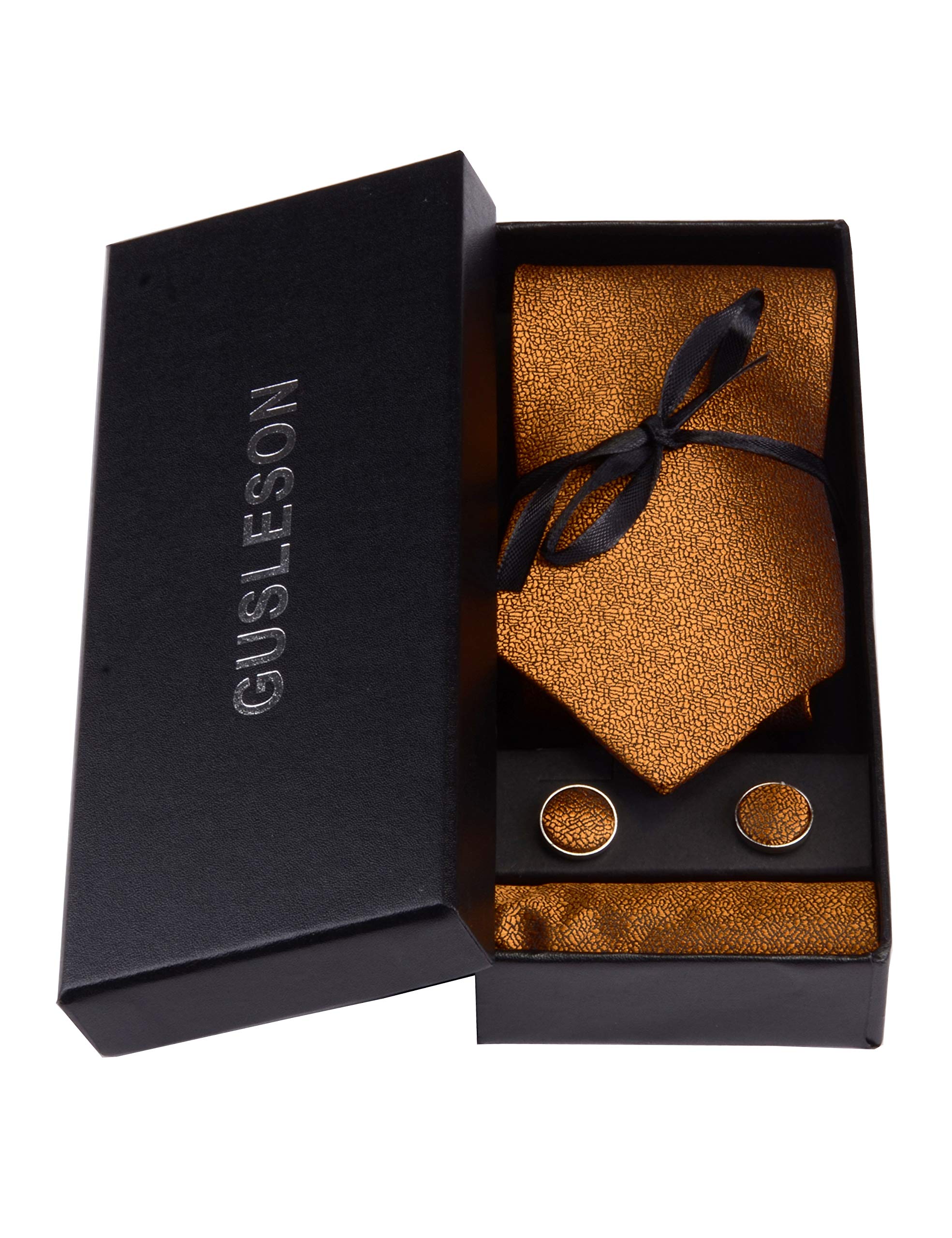 GUSLESON Mens Gold Solid Tie with Pocket Square Cufflinks set Woven Silk Necktie (0756-11)