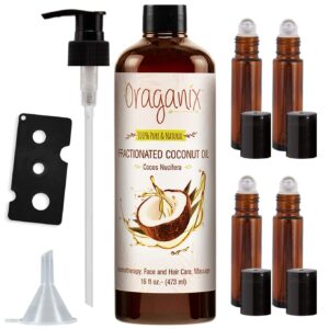 oraganix fractionated coconut oil with roller bottles - 100% pure natural 16 oz coconut oil, 10ml essential oil roller bottles, caps, funnel and bottle opener - carrier oil for essential oils mixing