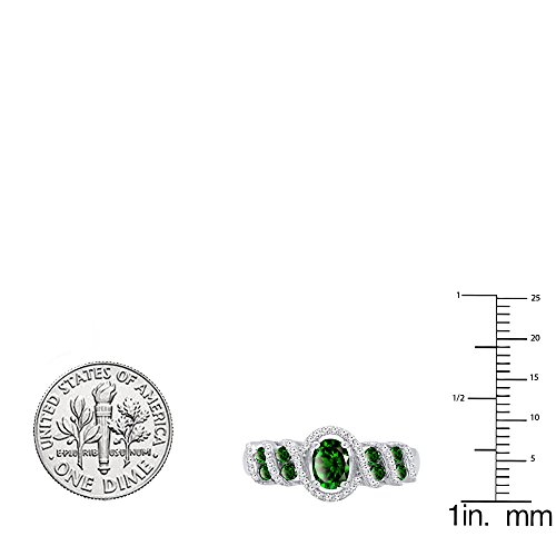 Dazzlingrock Collection Sterling Silver 6X4 MM Lab Created Oval & Round Emerald & Round Diamond Women Ring, Size 10