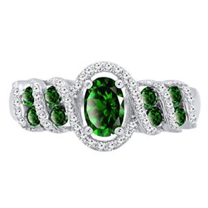 Dazzlingrock Collection Sterling Silver 6X4 MM Lab Created Oval & Round Emerald & Round Diamond Women Ring, Size 10