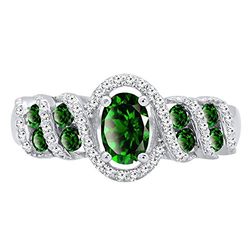 Dazzlingrock Collection Sterling Silver 6X4 MM Lab Created Oval & Round Emerald & Round Diamond Women Ring, Size 10