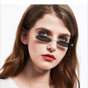 Slocyclub Vintage Rectangle Skinny Sunglasses for Women Men, Retro Small Thin Sunglasses, Rimless Trendy Sunglasses