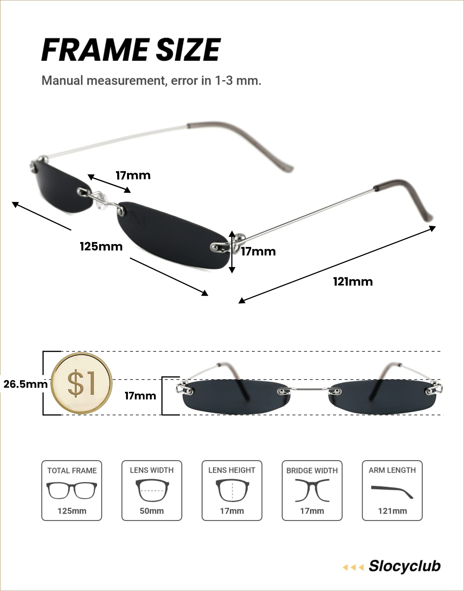 Slocyclub Vintage Rectangle Skinny Sunglasses for Women Men, Retro Small Thin Sunglasses, Rimless Trendy Sunglasses