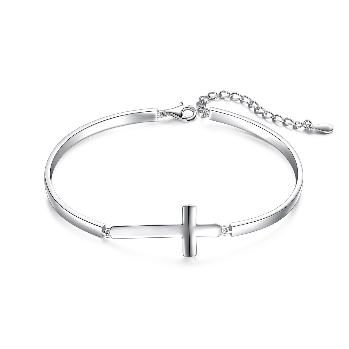 DAOCHONG S925 Sterling Silver Sideways Pure Cross Communion Baptism Adjustable Cuff Bangle Bracelets for Women