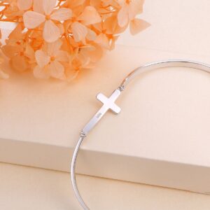 DAOCHONG S925 Sterling Silver Sideways Pure Cross Communion Baptism Adjustable Cuff Bangle Bracelets for Women