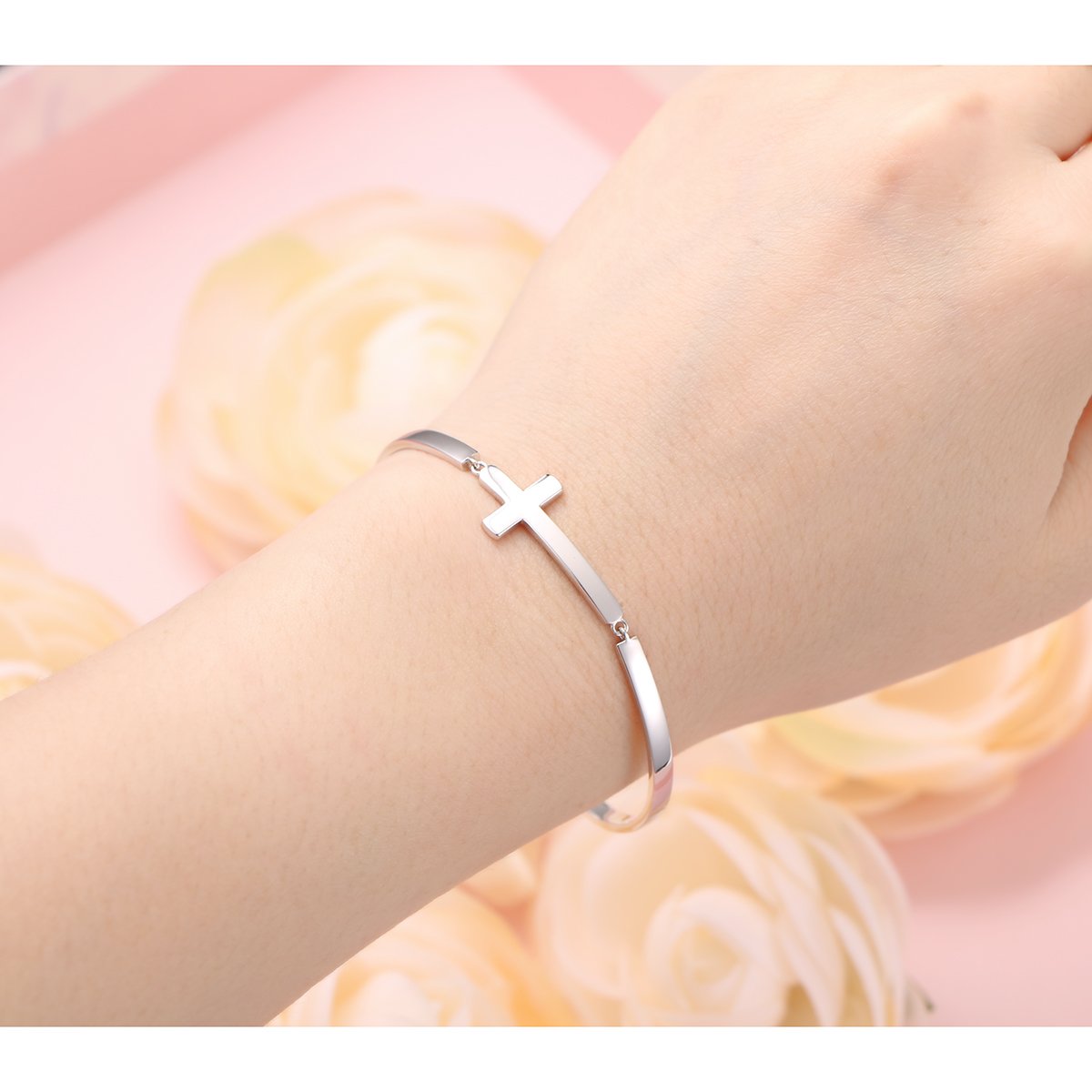 DAOCHONG S925 Sterling Silver Sideways Pure Cross Communion Baptism Adjustable Cuff Bangle Bracelets for Women