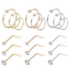 jstyle 18pcs nose rings hoop stainless steel 20g l shaped cz nose studs piercing ring hoop body jewelry set