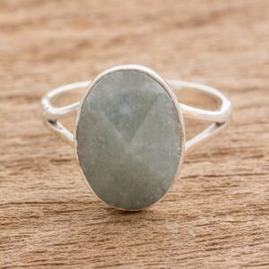 NOVICA Artisan Handcrafted Jade Cocktail Ring Faceted Oval Sterling Silver Green Single Stone Guatemala [ring Front 0.6 in L x 0.4 in W x 0.2 in H Band Width 2 mm W] ' Facet Fixation'