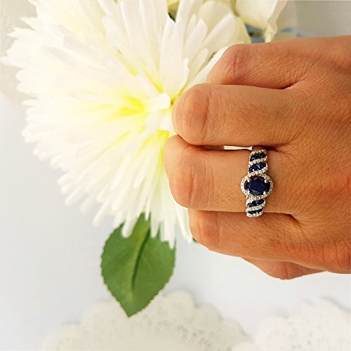 Dazzlingrock Collection Sterling Silver 6X4 MM Lab Created Oval & Round Blue Sapphire & Round Diamond Women Ring, Size 4.5