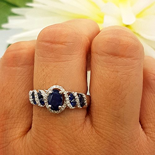 Dazzlingrock Collection Sterling Silver 6X4 MM Lab Created Oval & Round Blue Sapphire & Round Diamond Women Ring, Size 4.5