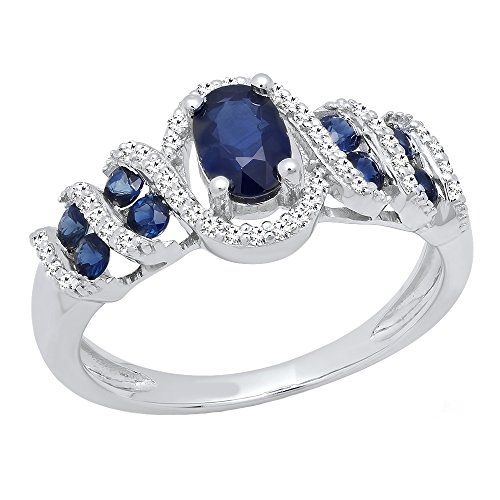 Dazzlingrock Collection Sterling Silver 6X4 MM Lab Created Oval & Round Blue Sapphire & Round Diamond Women Ring, Size 4.5