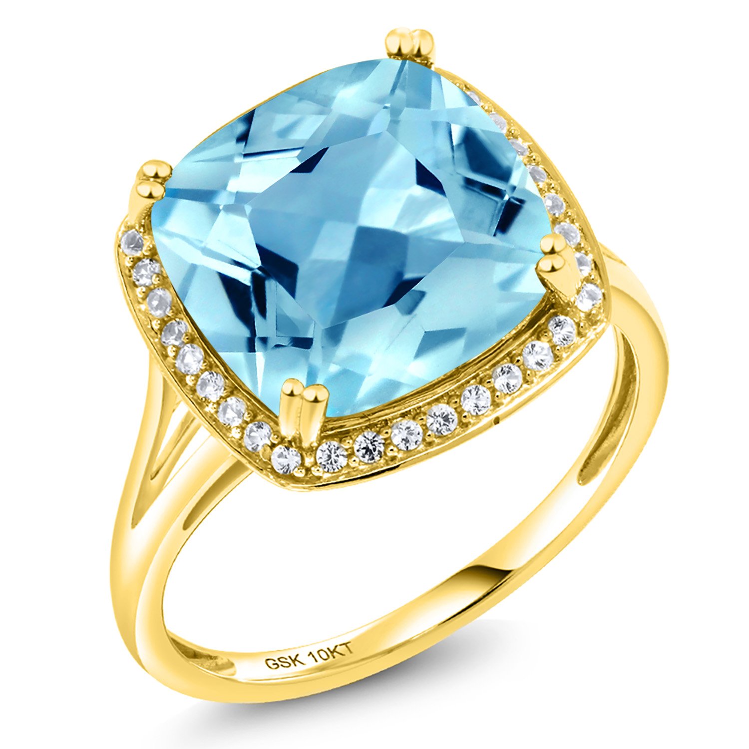 Gem Stone King 10K Yellow Gold Swiss Blue Topaz and White Created Sapphire Ring For Women (8.54 Cttw, Cushion 12MM, Gemstone Birthstone, Available In Size 5, 6, 7, 8, 9)