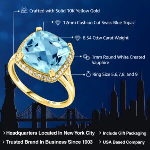 Gem Stone King 10K Yellow Gold Swiss Blue Topaz and White Created Sapphire Ring For Women (8.54 Cttw, Cushion 12MM, Gemstone Birthstone, Available In Size 5, 6, 7, 8, 9)