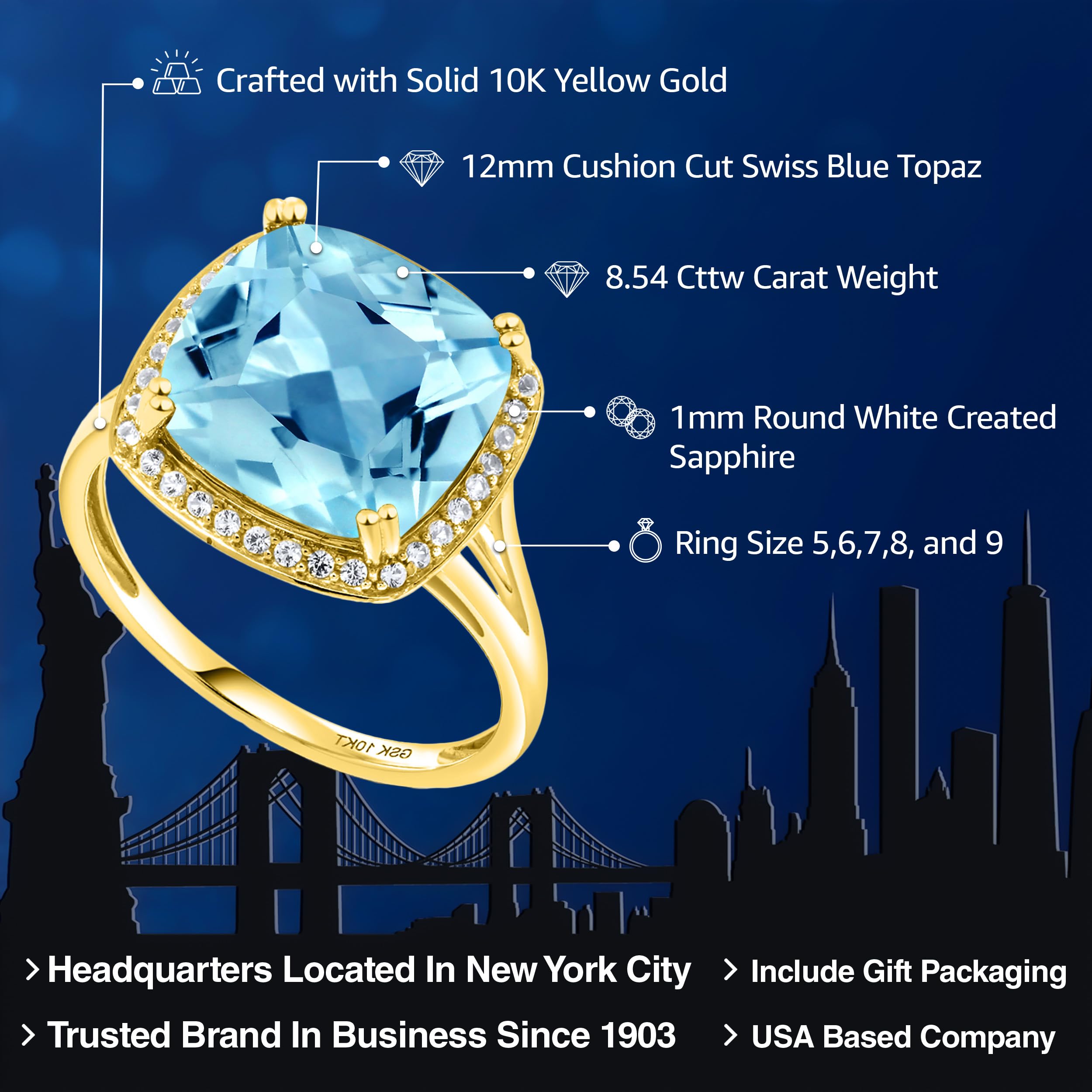 Gem Stone King 10K Yellow Gold Swiss Blue Topaz and White Created Sapphire Ring For Women (8.54 Cttw, Cushion 12MM, Gemstone Birthstone, Available In Size 5, 6, 7, 8, 9)