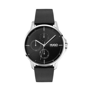 hugo #focus men qtz multifunction stainless steel and strap business watch, color: black (model: 1530022)