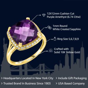 Gem Stone King 10K Yellow Gold Purple Amethyst and White Created Sapphire Ring For Women (6.74 Cttw, Cushion Cut 12MM, Gemstone Birthstone, Available 5,6,7,8,9) (Size 6)