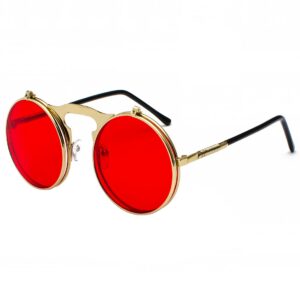 COASION Red Round Flip Up Sunglasses for Men Women Juniors Circle Steampunk Costume Glasses (Gold Frame/Red Lens)