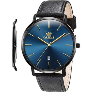 olevs men's ultra thin slim big face date leather analog wrist watches waterproof for male teen boys gift classic casual minimalist blue large dial rose gold quartz watch with retro genuine band black