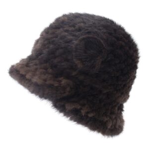 surell brown mink cloche knit hat with flower - real mink fur winter cap for women - winter wedding hats - soft real fur flapper hat - (brown)