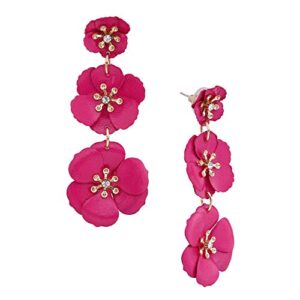 nvenf flower dangle earrings for women tiered petal with crystal center triple flowers dangling earring fashion jewelry stud drop earrings(hot pink)