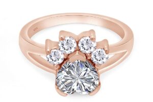 wishrocks heart & round cut white cubic zirconia paw print ring jewelry for women in 14k rose gold over sterling silver ring size- 6.5