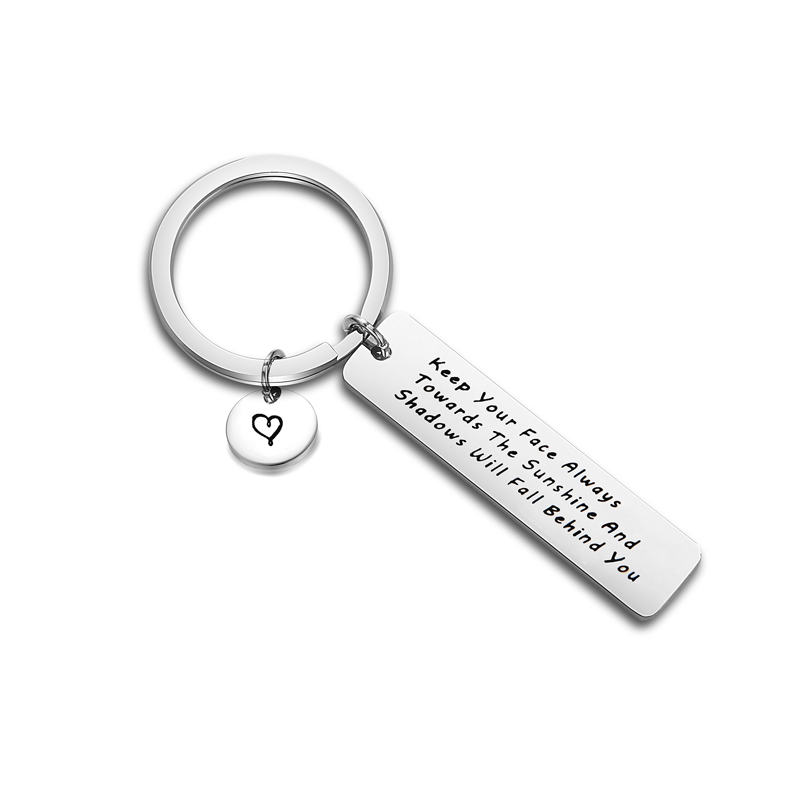 FEELMEM Keep Your Face Always Towards The Sunshine Walt Whitman Quote Keychain Inspirational Jewelry Gift for Family Friend (Silver)