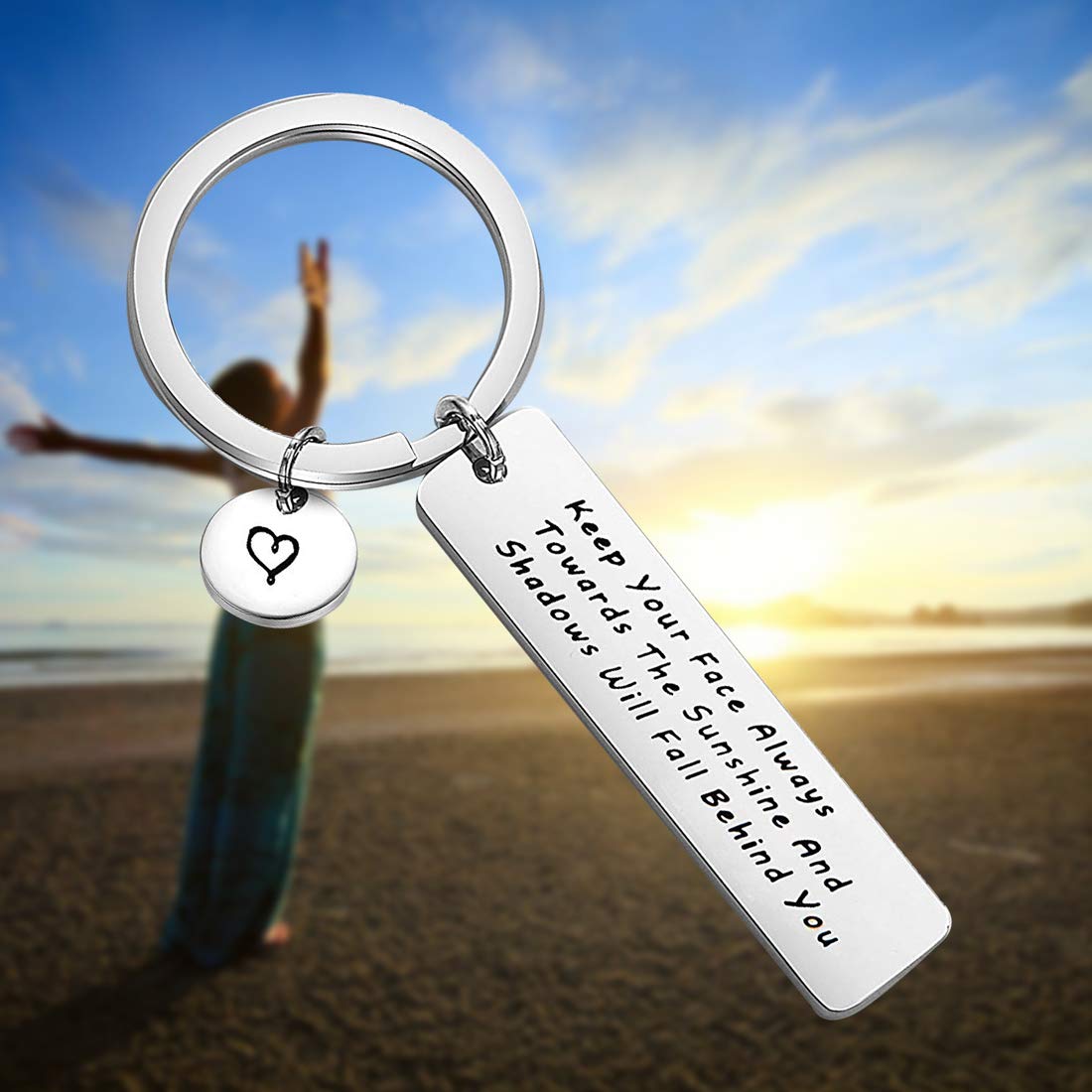 FEELMEM Keep Your Face Always Towards The Sunshine Walt Whitman Quote Keychain Inspirational Jewelry Gift for Family Friend (Silver)