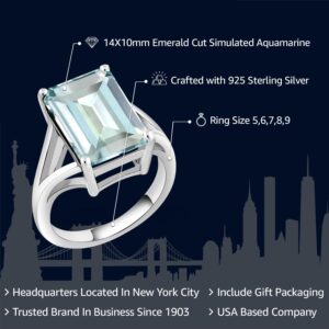 Gem Stone King 925 Sterling Silver Sky Blue Simulated Aquamarine Ring For Women (6.64 Cttw, Emerald Cut 14X10MM, Available in size 5, 6, 7, 8, 9)