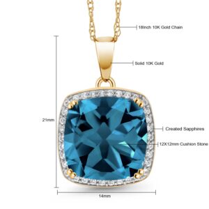 Gem Stone King 10K Yellow Gold London Blue Topaz and White Created Sapphire Pendant Necklace For Women (8.54 Cttw, Gemstone November Birthstone, Cushion Cut 12MM, with 18 Inch Chain)