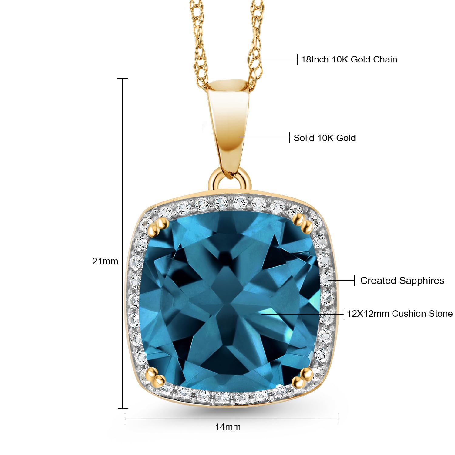 Gem Stone King 10K Yellow Gold London Blue Topaz and White Created Sapphire Pendant Necklace For Women (8.54 Cttw, Gemstone November Birthstone, Cushion Cut 12MM, with 18 Inch Chain)